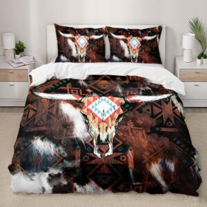 ailonen bull skull duvet cover set queen size,cattle cowhide cow fur print bedding set,buffalo mexican skull comforter cover set,western cowboy quilt cover and 2 pillowcases,3 pieces