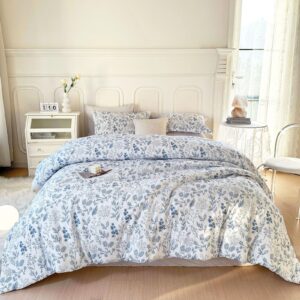 eavd queen comforter set white and blue floral bedding set for girls soft microfiber comforter set vintage garden floral comforter set with 2 pillowcases botanical comforter set for all-season