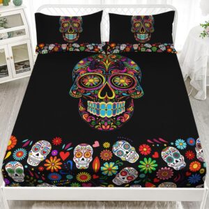 ailonen sugar skull fitted sheet twin size, skeleton floral print bed sheet set,gothic bedding set for kids boys girls,skeleton bones bedsheets set,1 fitted sheet 2 pillowcases,3 pcs