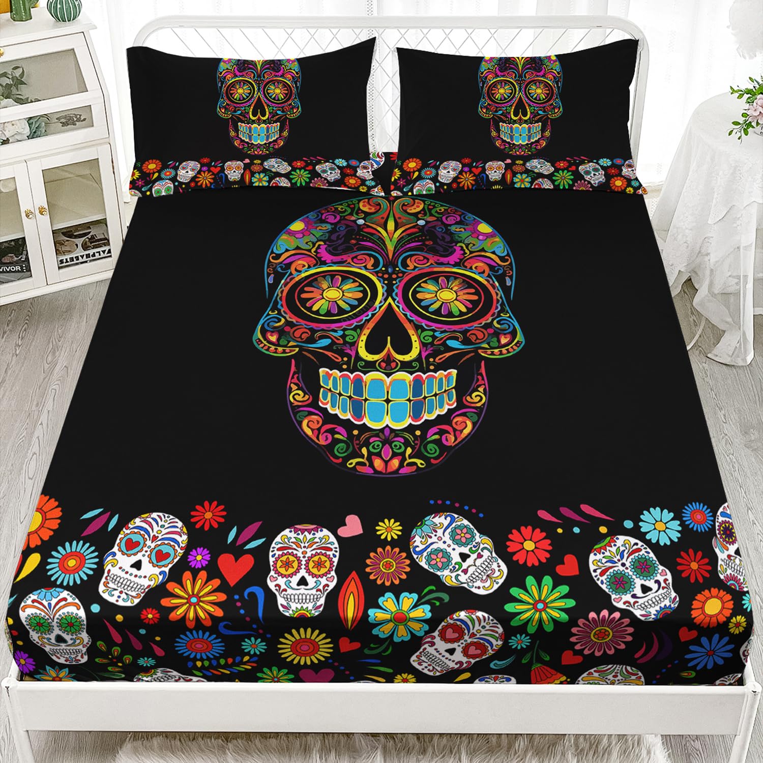 AILONEN Sugar Skull Fitted Sheet Twin Size, Skeleton Floral Print Bed Sheet Set,Gothic Bedding Set for Kids Boys Girls,Skeleton Bones BedSheets Set,1 Fitted Sheet 2 Pillowcases,3 PCS