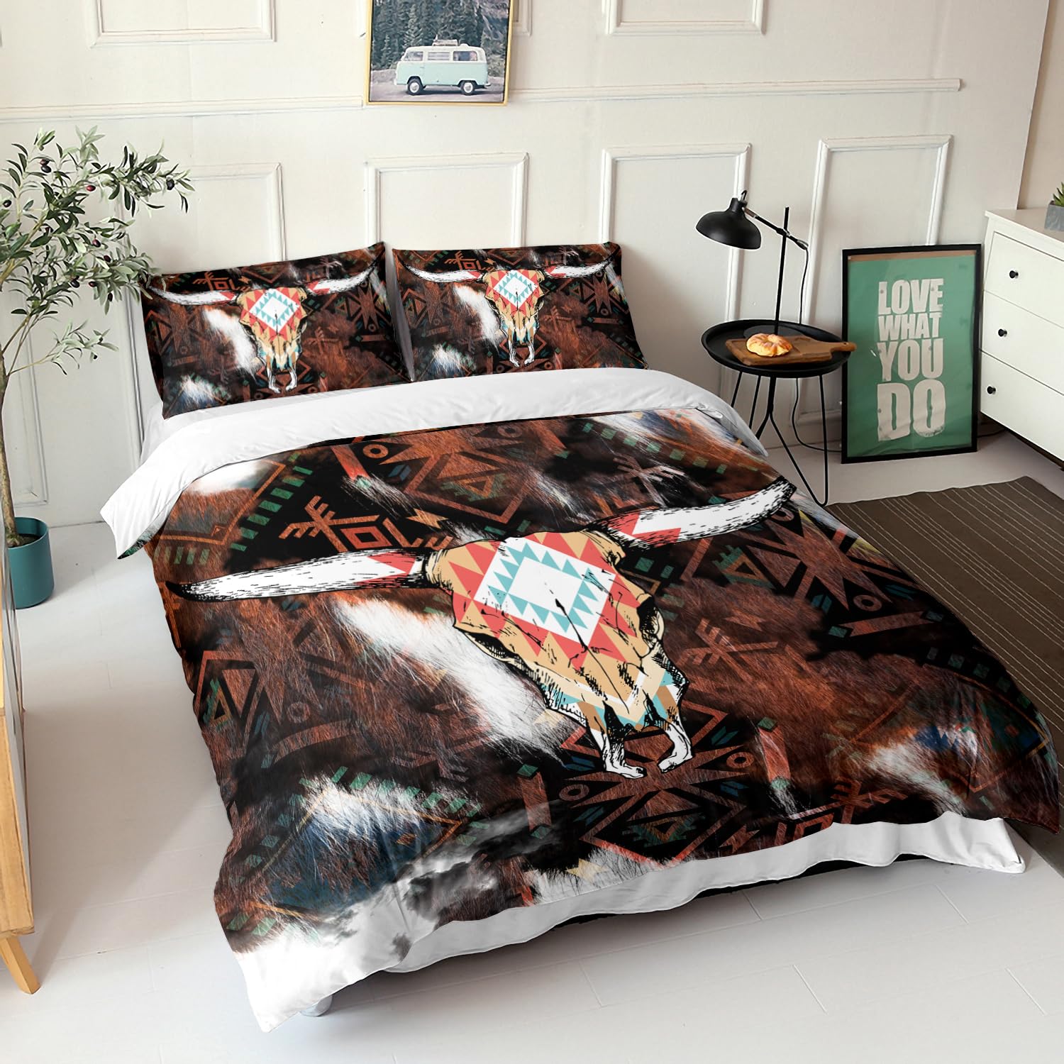 AILONEN Bull Skull Duvet Cover Set Queen Size,Cattle Cowhide Cow Fur Print Bedding Set,Buffalo Mexican Skull Comforter Cover Set,Western Cowboy Quilt Cover and 2 Pillowcases,3 Pieces