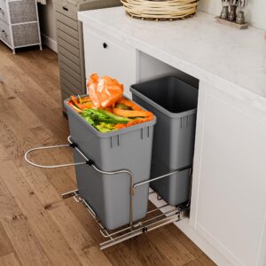 Double 32 Qt Pull-Out Trash Can Recycling Bin with Handle for 19.1" W x 24.8" D x 23.6" H Minimum Cabinets, Sliding Under Mount Kitchen Waste Garbage Container with Full-Extension Slides, Gray