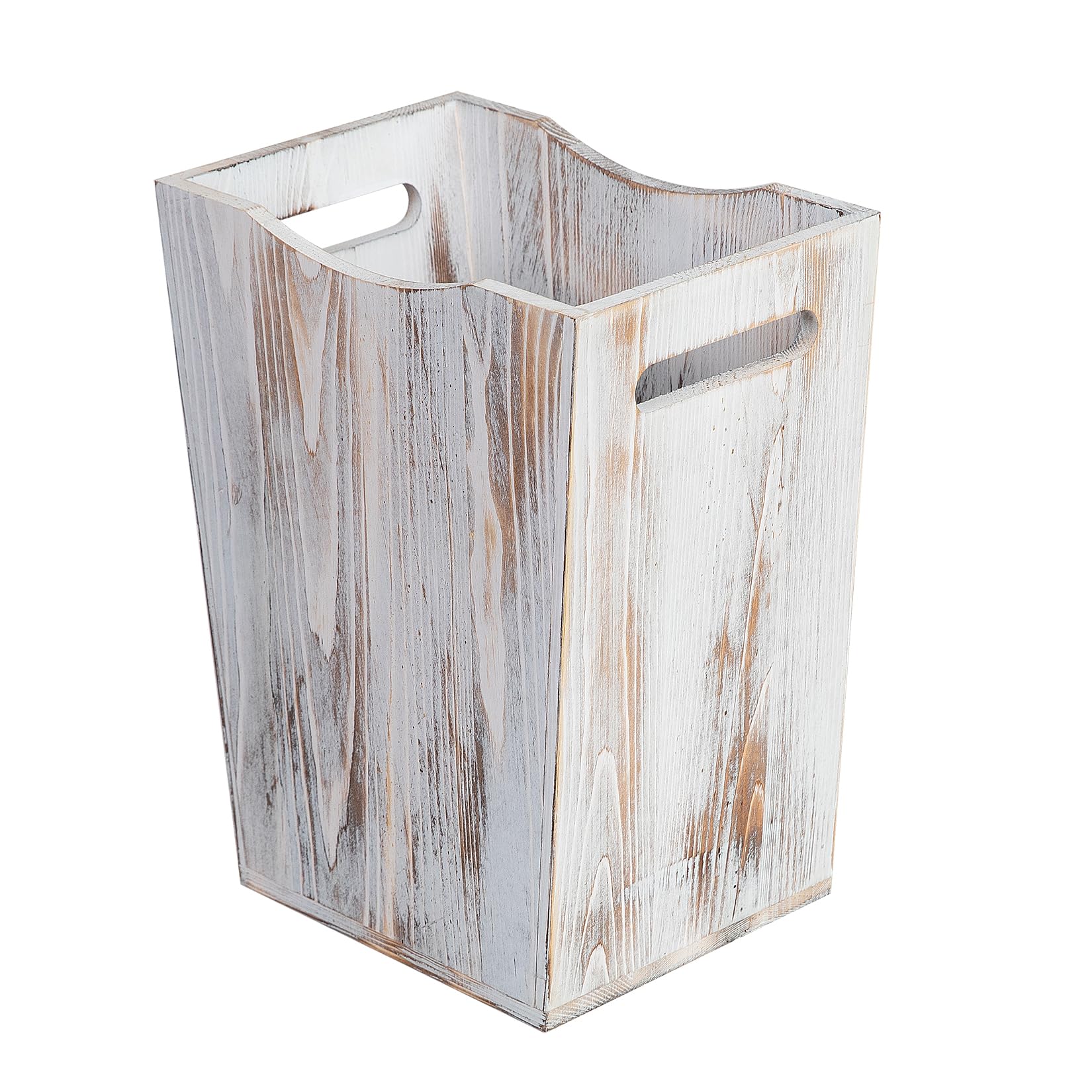 HiddenHomeWor Farmhouse Style Wood wastebaskets Rustic Trash Can with Two Cutout Handles Waste Bin for Bedroom,Living Room, Bathroom & Office Kithen Garbage Container (Washed White)