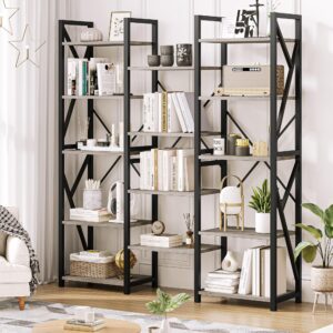 idealhouse triple wide 5 tier book shelf, tall bookshelf with open display shelves, industrial large bookshelves and bookcases with metal frame for living room, bedroom, home office-grey