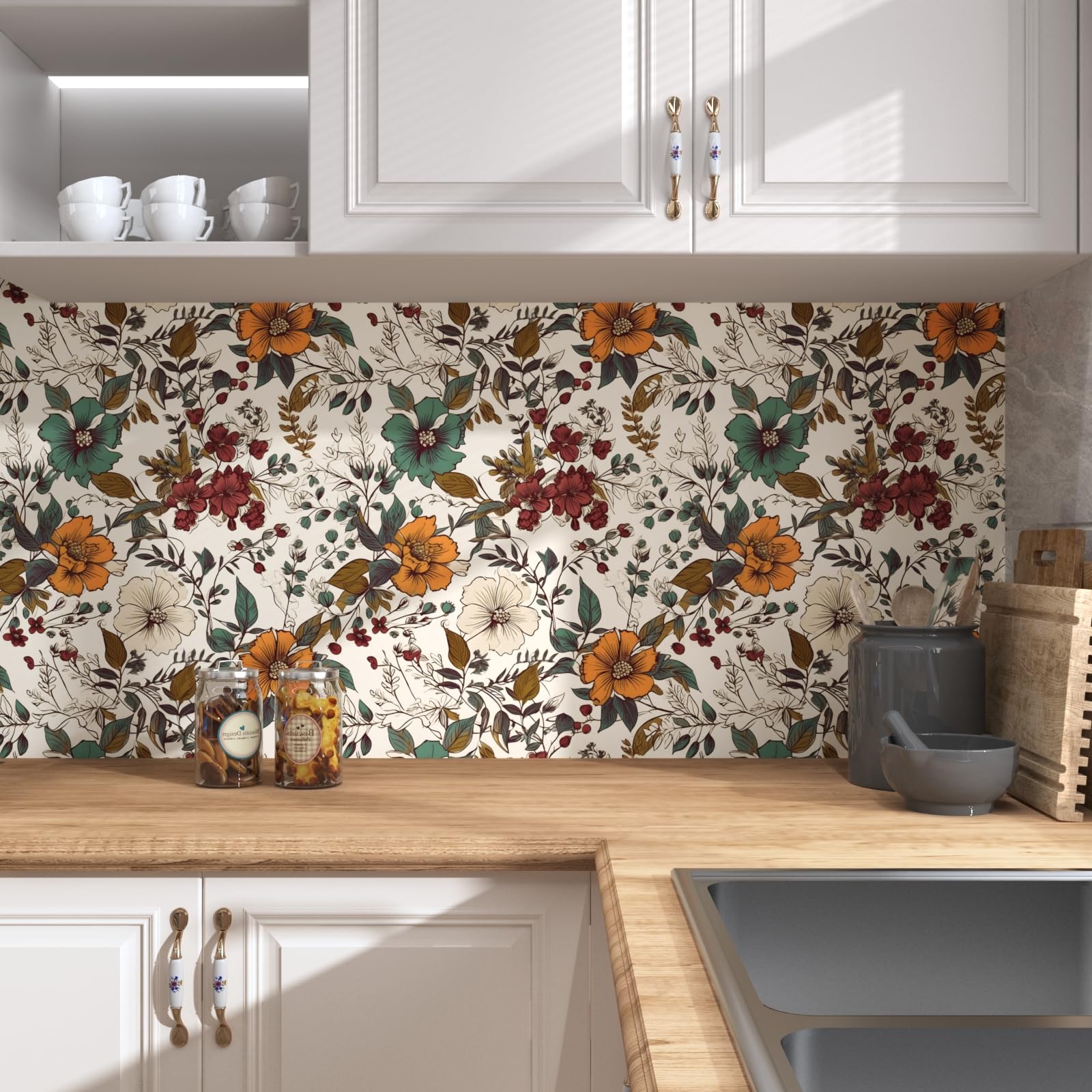 Yellow Floral Wallpaper Peel and Stick Wallpaper Vinyl Wallpaper Stick and Peel Colorful Contact Paper for Cabinets Waterproof Self Adhesive Wall Paper for Kitchen Countertop Wall 17.5" x 393"