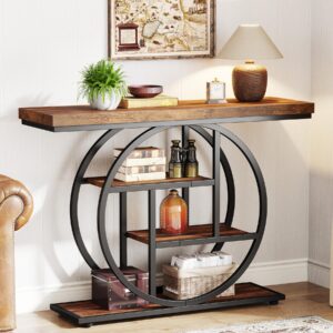 tribesigns 41.3" console table, industrial 4-tier sofa table entryway table with circle base, narrow wood accent tables with storage shelves for living room, hallway, foyer, rustic brown