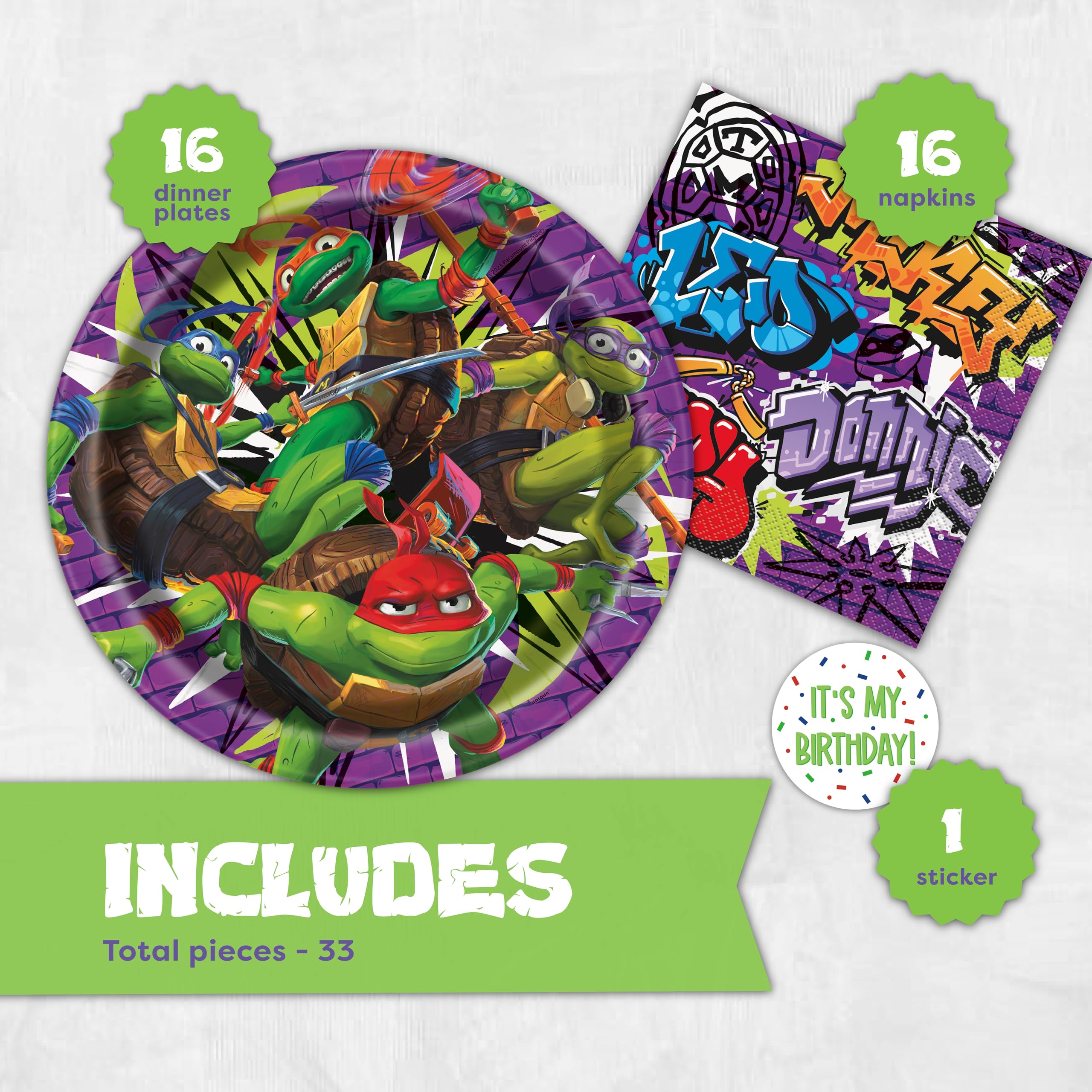 Teenage Mutant Ninja Turtle Party Decorations | 16 Plates & 16 Napkins | Officially Licensed | NInja Turtle Birthday Party Supplies | TMNT Mutant Mayhem Movie