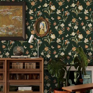 Dimoon 78.7"x16.1" Floral Wallpaper Peel and Stick Dark Green Contact Paper Golden Thicken Waterproof Leaf Flower Vintage Self Adhesive Removable Wallpaper for Bedroom Shelf Liner Decal Vinyl Roll