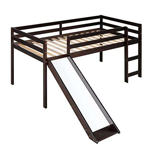 LostCat Twin Loft Bed with Slide, Low Loft Bed with Stairs and Chalkboard, Wood Twin Bed Frame for Kids with Slide, Space-Saving Wooden Child Bed Frame for Boys or Girls, Espresso