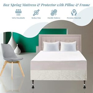 Nutan Pillow Top Mattress, Box Spring, Bed Frame, Bedbug Protector, and Pillow Set, Medium Firm Double Sided Mattresses Comfy Head Pillows, Waterproof Covering, Durable Support, Leg Support, Full XL