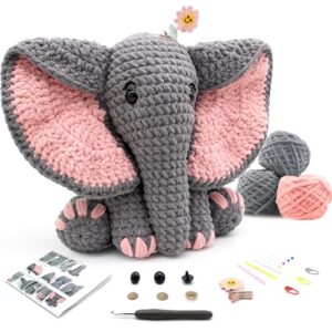 codgp crochet kit for beginners,13in crochet animal kit elephant,crochet starter kit gift for adults kids with yarn sets,amigurumi crochet kits with step-by-step video tutorials