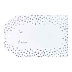 g2plus foil silver dots gift tags, 50pcs to from gift tags with string, white paper hang tags, christmas name gift tags for diy art & craft, gift wrapping, party favors (2.16'' x 3.35'')