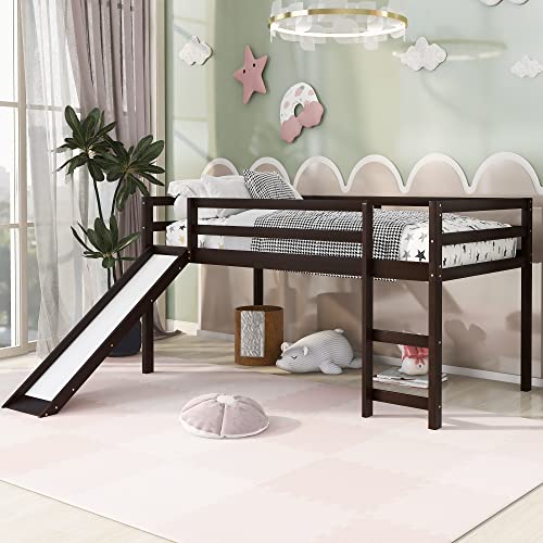 LostCat Twin Loft Bed with Slide, Low Loft Bed with Stairs and Chalkboard, Wood Twin Bed Frame for Kids with Slide, Space-Saving Wooden Child Bed Frame for Boys or Girls, Espresso