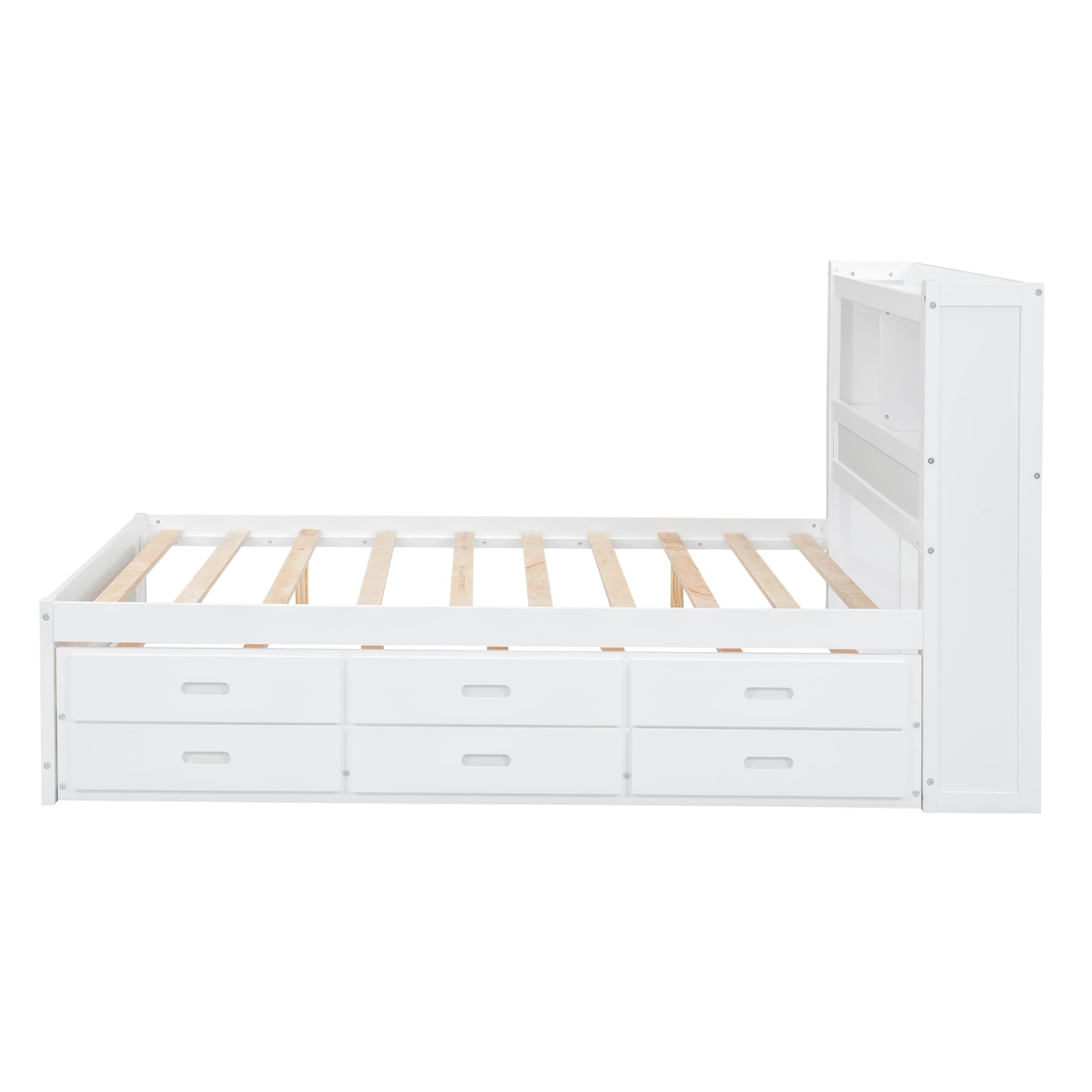 Harper & Bright Designs Full Size Platform Bed with Trundle, Drawers and Bookcase Headboard with USB Plugs, Hardwood Full Size Bed Frame, No Box Spring Needed - White