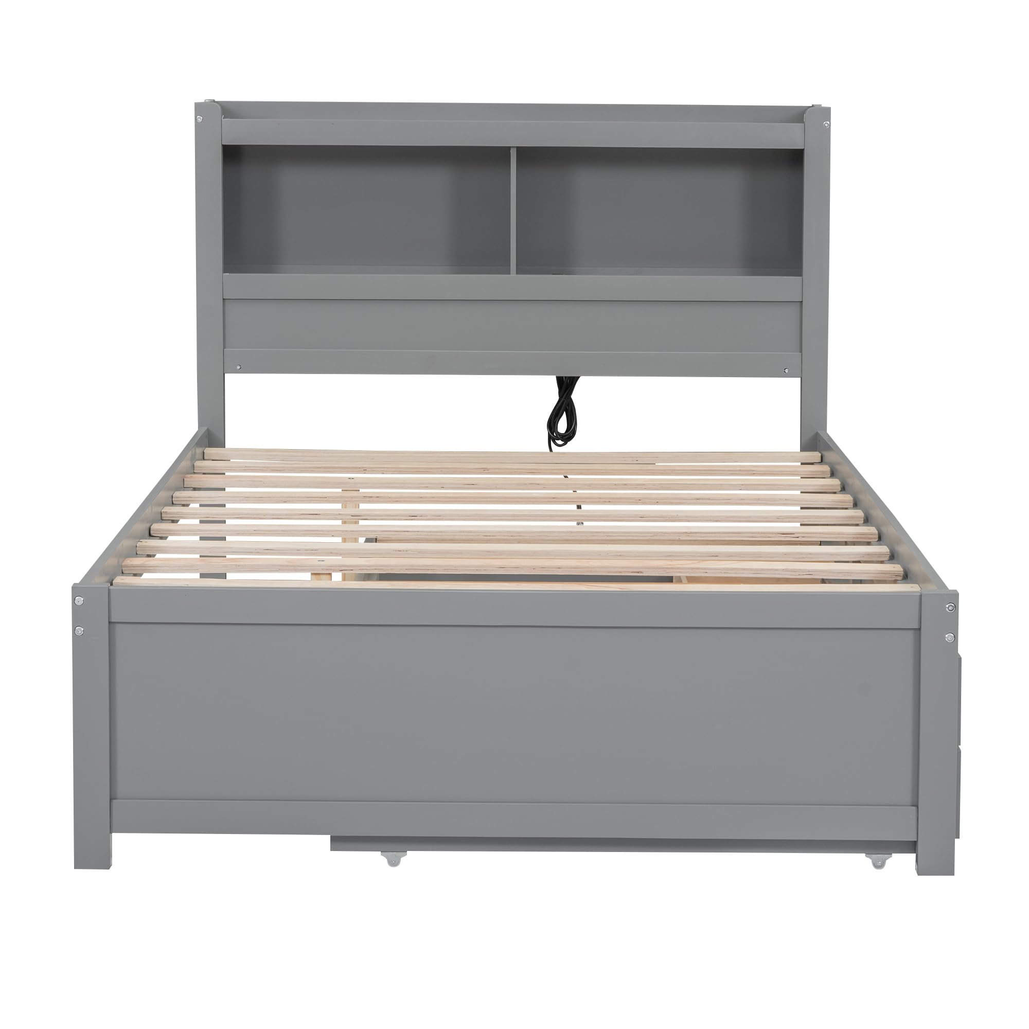 Harper & Bright Designs Full Size Bed with Bookcase Headboard, Wooden Full Size Platform Bed with Trundle and Storage Drawers,Full Storage Bed with USB Ports Outlets for Kids Girls Boys, Grey