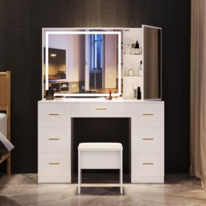 jartoil large lighted vanity desk with stool, 7-drawers makeup vanity with mirror,adjustable brightness, white bedroom vanity set