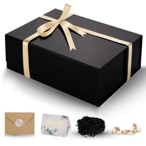 duotan large gift box with lid, 13.5 x 10 x 3.5 inch black magnetic gift box for presents with card, ribbon, filler, collapsible boxes of paper for birthday, wedding, christmas (glossy)