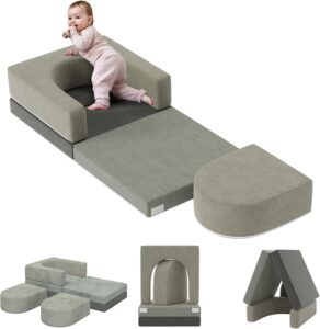 pelnuies modular kids play couch, 3 pcs play couch for toddlers 1-3, comfy toddler couch for playing, creativing, sleeping, convertible baby sofa bed for boys and girls, gray