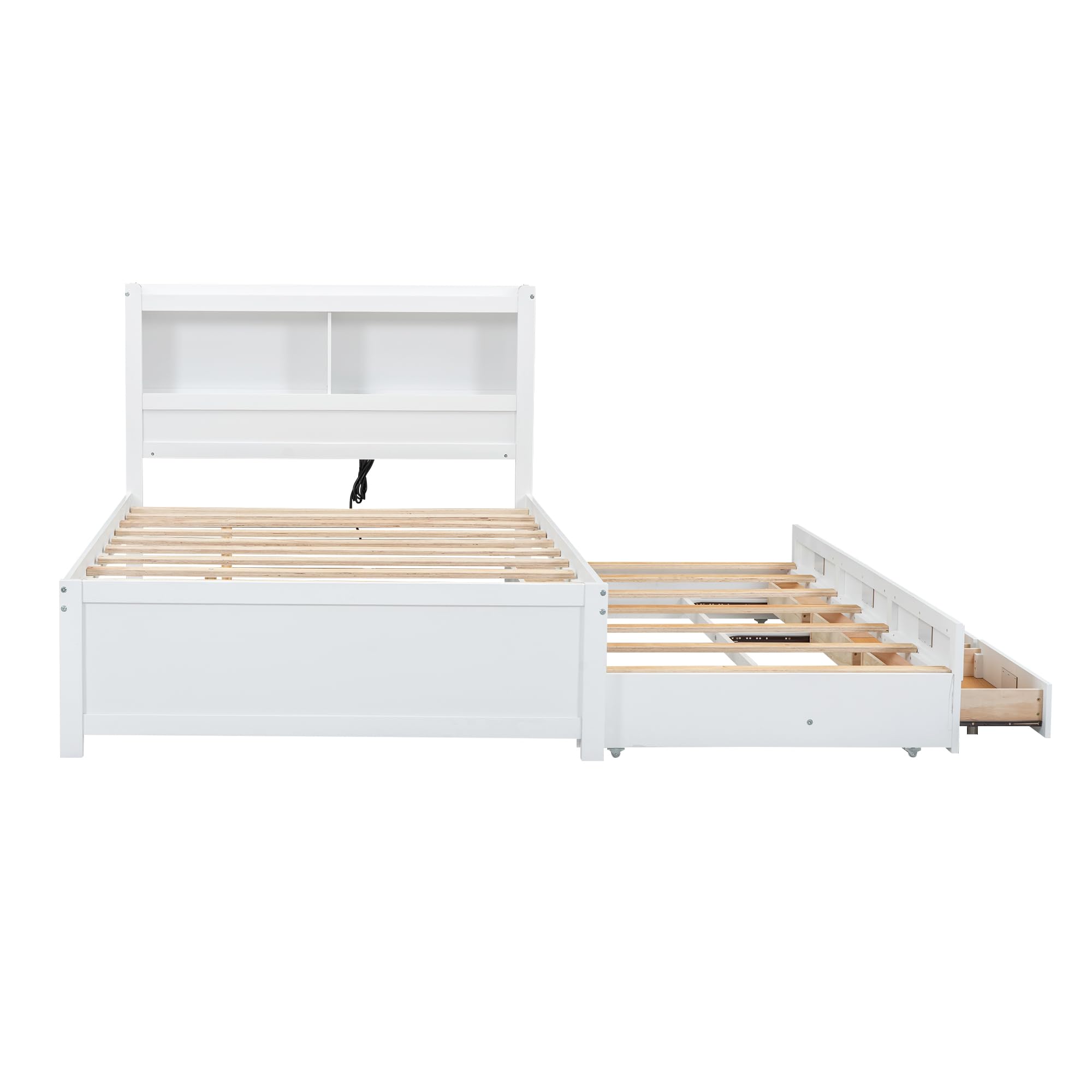 Harper & Bright Designs Full Size Platform Bed with Trundle, Drawers and Bookcase Headboard with USB Plugs, Hardwood Full Size Bed Frame, No Box Spring Needed - White