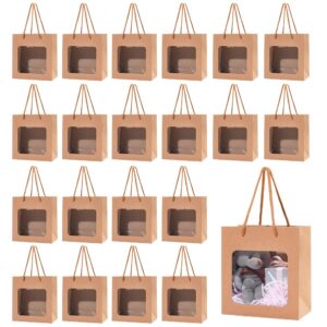 benecreat 50pcs gift bags with transparent window, kraft paper shopping bags with handle for birthday wedding party florist christmas packing, 5.8x5.5x2.8