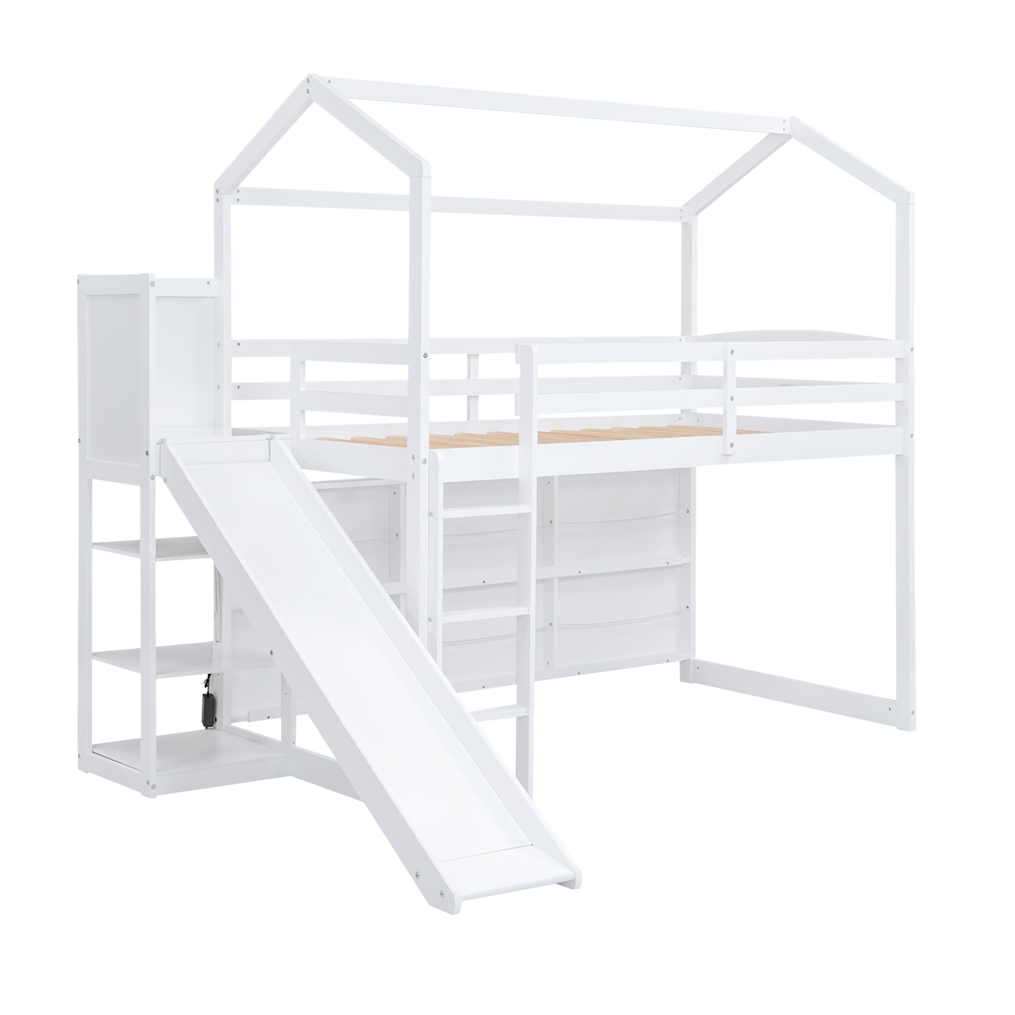 Harper & Bright Designs Kids Twin House Loft Bed with Slide, Storage Shelves and LED Light, Wood Twin Low Loft Bed with Guardrail and Ladder, Twin Playhouse Bed for Kids Teens Boys & Girls, White