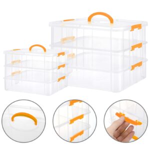 6 PACK 2 Sizes 3-Tier Plastic Storage Containers with Lids, Handled Art Supply Craft Organizer Storage Box for Organizing Craft, Stationery, Sewing, Art Craft, Jewelry and Beauty Supplies (Orange)