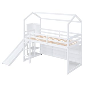 Harper & Bright Designs Kids Twin House Loft Bed with Slide, Storage Shelves and LED Light, Wood Twin Low Loft Bed with Guardrail and Ladder, Twin Playhouse Bed for Kids Teens Boys & Girls, White