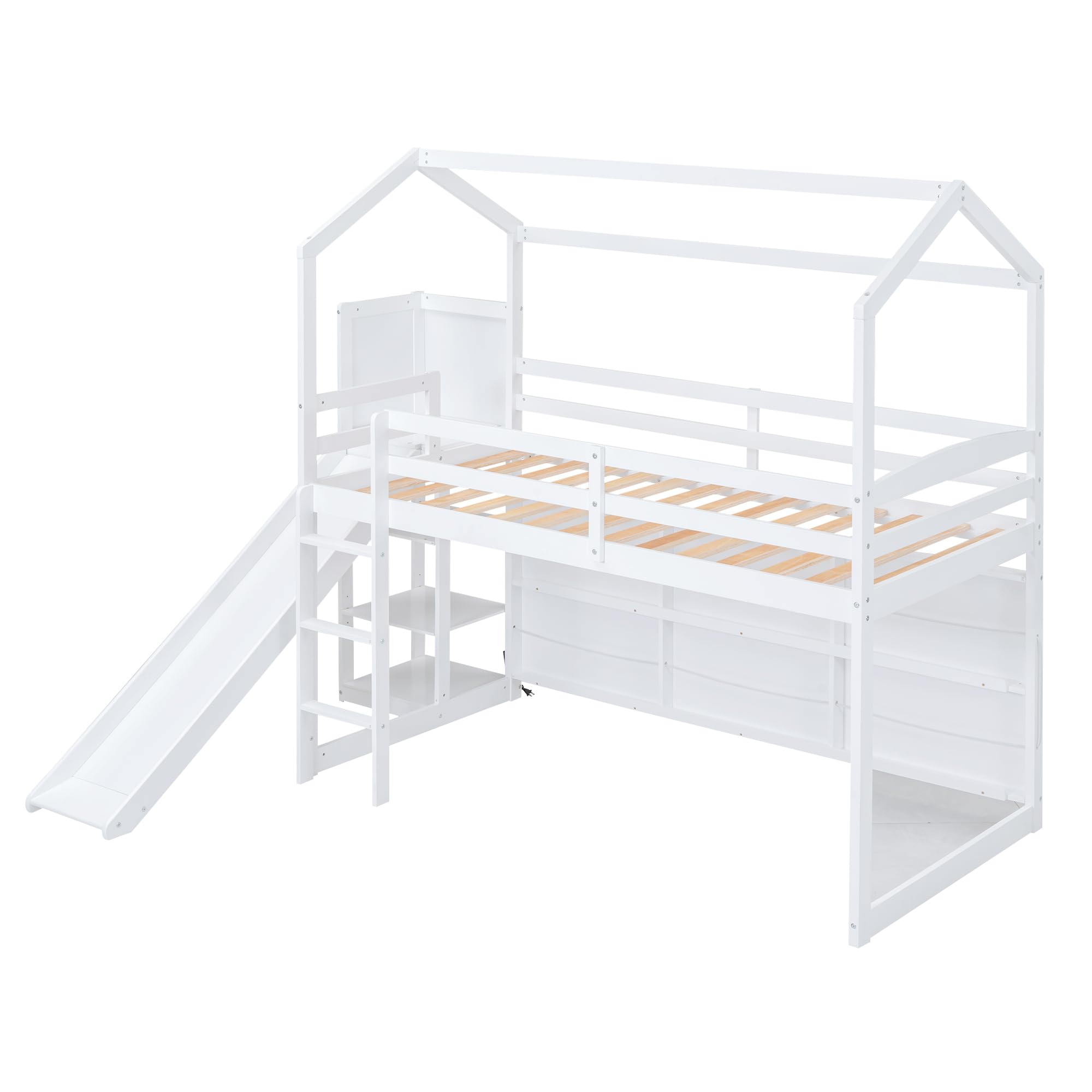 Harper & Bright Designs Kids Twin House Loft Bed with Slide, Storage Shelves and LED Light, Wood Twin Low Loft Bed with Guardrail and Ladder, Twin Playhouse Bed for Kids Teens Boys & Girls, White