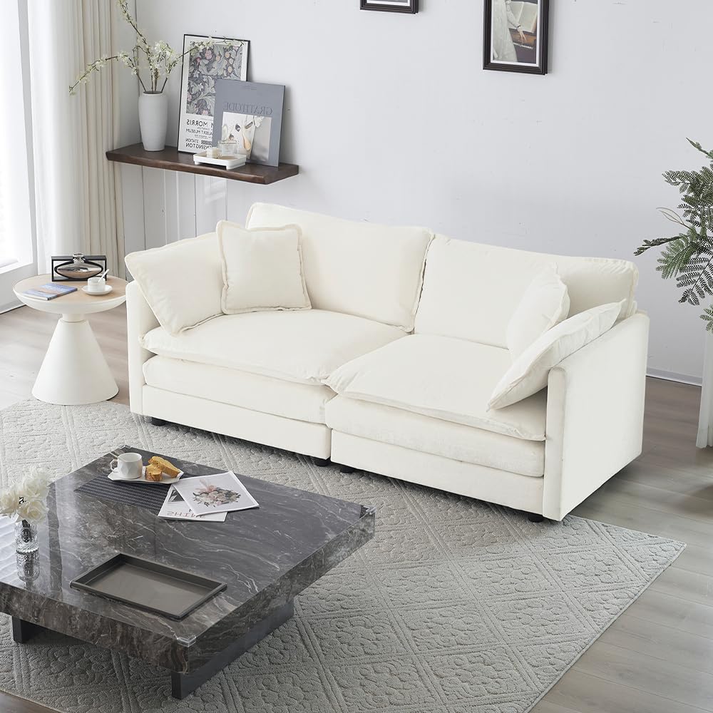 WILLIAMSPACE 76.7" Sectional Sofa Couch for Living Room, Modern Upholstered Loveseat Sofa with Ottoman, 2 Seater L-Shaped Sectional Couch for Apartment Small Space, Chenille Fabric (Cream White)