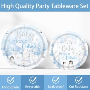 170pcs Winter Woodland Baby Shower Decorations Arctic Animals Plates Napkins Baby It's Cold Outside Snowflake Penguin Arctic Fox Tableware Set Banner Tablecloth for 24 Guests