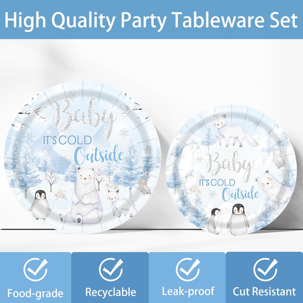 170pcs Winter Woodland Baby Shower Decorations Arctic Animals Plates Napkins Baby It's Cold Outside Snowflake Penguin Arctic Fox Tableware Set Banner Tablecloth for 24 Guests