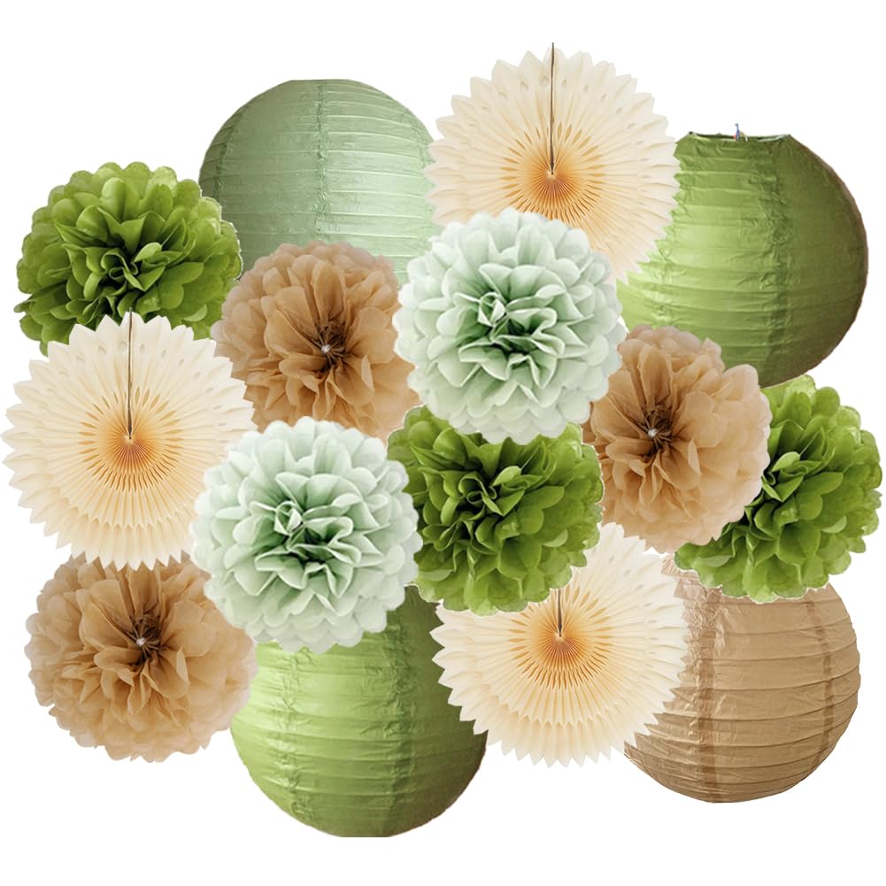 Olive Green and Brown Party Decorations Sage Green Paper Lanterns Champagne Tissue Paper Pom Poms Beige Paper Fans Kit for Birthday Bridal Shower Wedding Olive Green and Brown Baby Shower Decorations