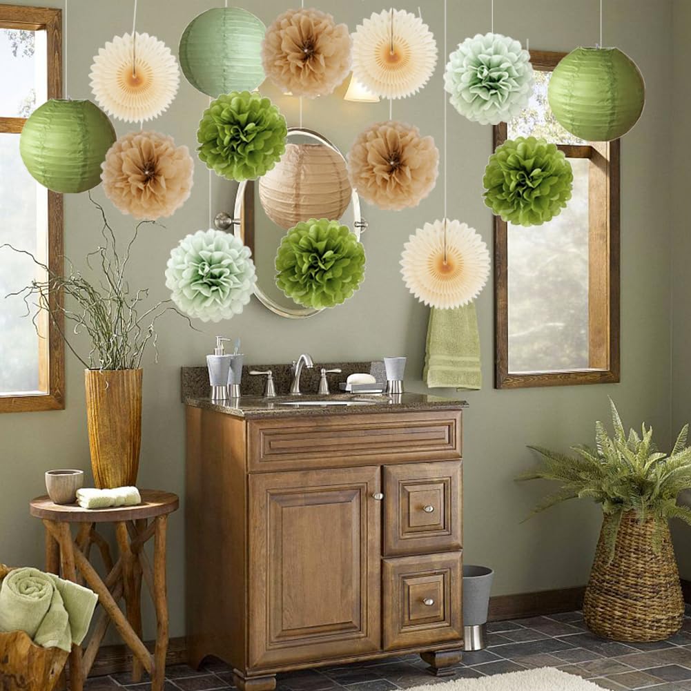 Olive Green and Brown Party Decorations Sage Green Paper Lanterns Champagne Tissue Paper Pom Poms Beige Paper Fans Kit for Birthday Bridal Shower Wedding Olive Green and Brown Baby Shower Decorations