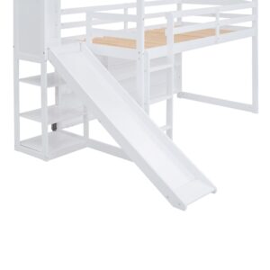 Harper & Bright Designs Kids Twin House Loft Bed with Slide, Storage Shelves and LED Light, Wood Twin Low Loft Bed with Guardrail and Ladder, Twin Playhouse Bed for Kids Teens Boys & Girls, White