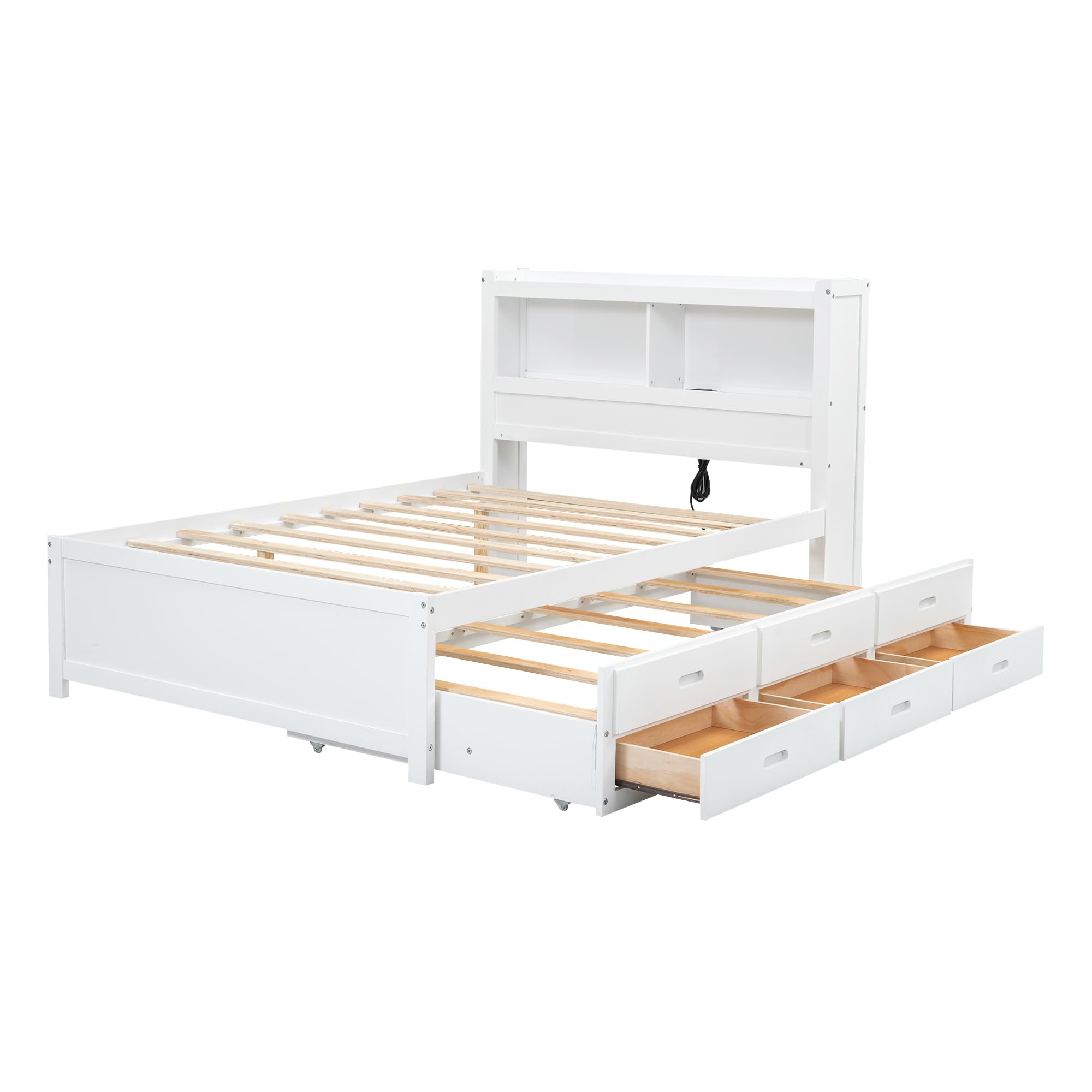 Harper & Bright Designs Full Platform Bed with Twin Size Trundle,Bookcase Headboard,Charging Station and 3 Drawers,Wood Full Storage Bed Frame for Kids,Teens,Adults,No Box Spring Needed (White)