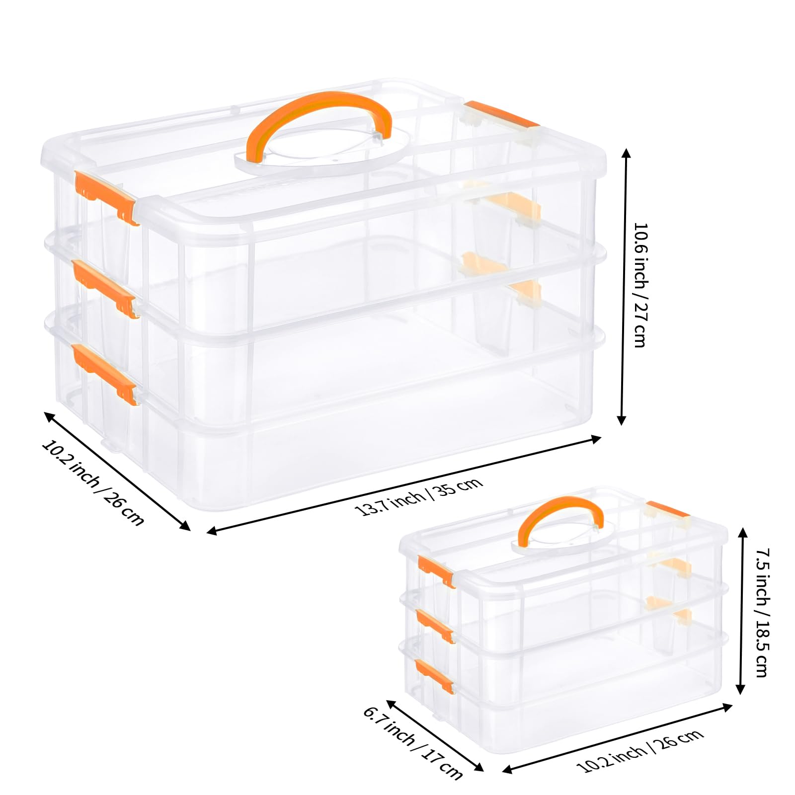 6 PACK 2 Sizes 3-Tier Plastic Storage Containers with Lids, Handled Art Supply Craft Organizer Storage Box for Organizing Craft, Stationery, Sewing, Art Craft, Jewelry and Beauty Supplies (Orange)