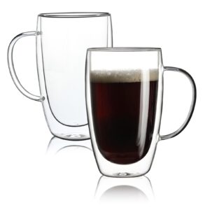 aurzen 2 pack double walled glass coffee mugs with handles, large insulated layer coffee cups, 15oz clear borosilicate mugs, perfect for cappuccino, tea, microwave safe