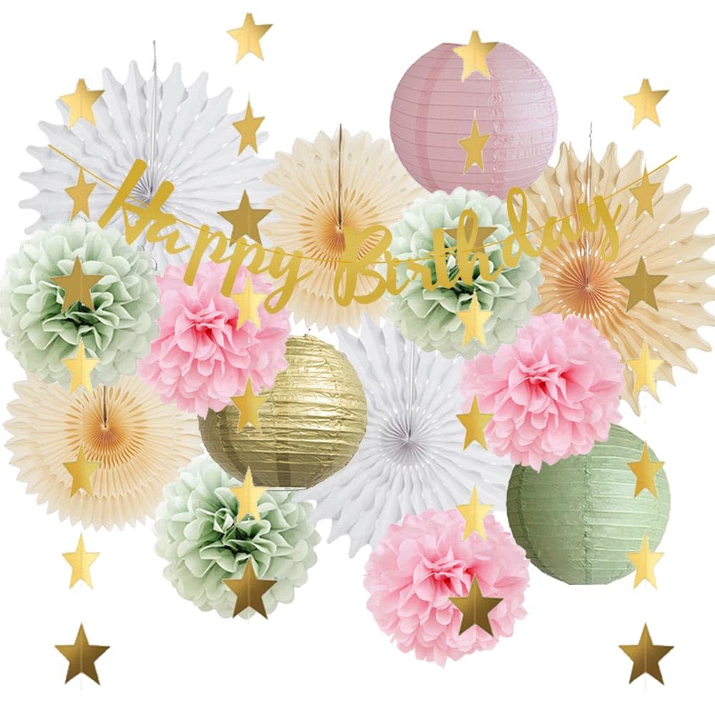 Sage Green and Pink Birthday Decorations White Paper Fans Lanterns Pink Cream Tissue Paper Pom Poms Sage Green Birthday Party Decorations with Happy Birthday Banner Gold Star Garland for Girls Women