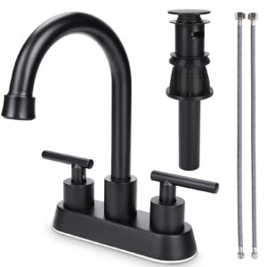 bathroom faucets for sink 3 hole, gxcror 4 inch matte black bathroom sink faucet, stainless steel lead-free 2-handle centerset faucet for bathroom sink vanity with pop-up drain and 2 supply hoses