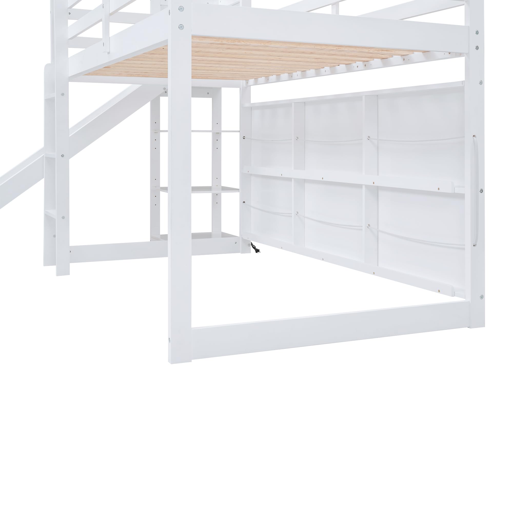 Harper & Bright Designs Kids Twin House Loft Bed with Slide, Storage Shelves and LED Light, Wood Twin Low Loft Bed with Guardrail and Ladder, Twin Playhouse Bed for Kids Teens Boys & Girls, White