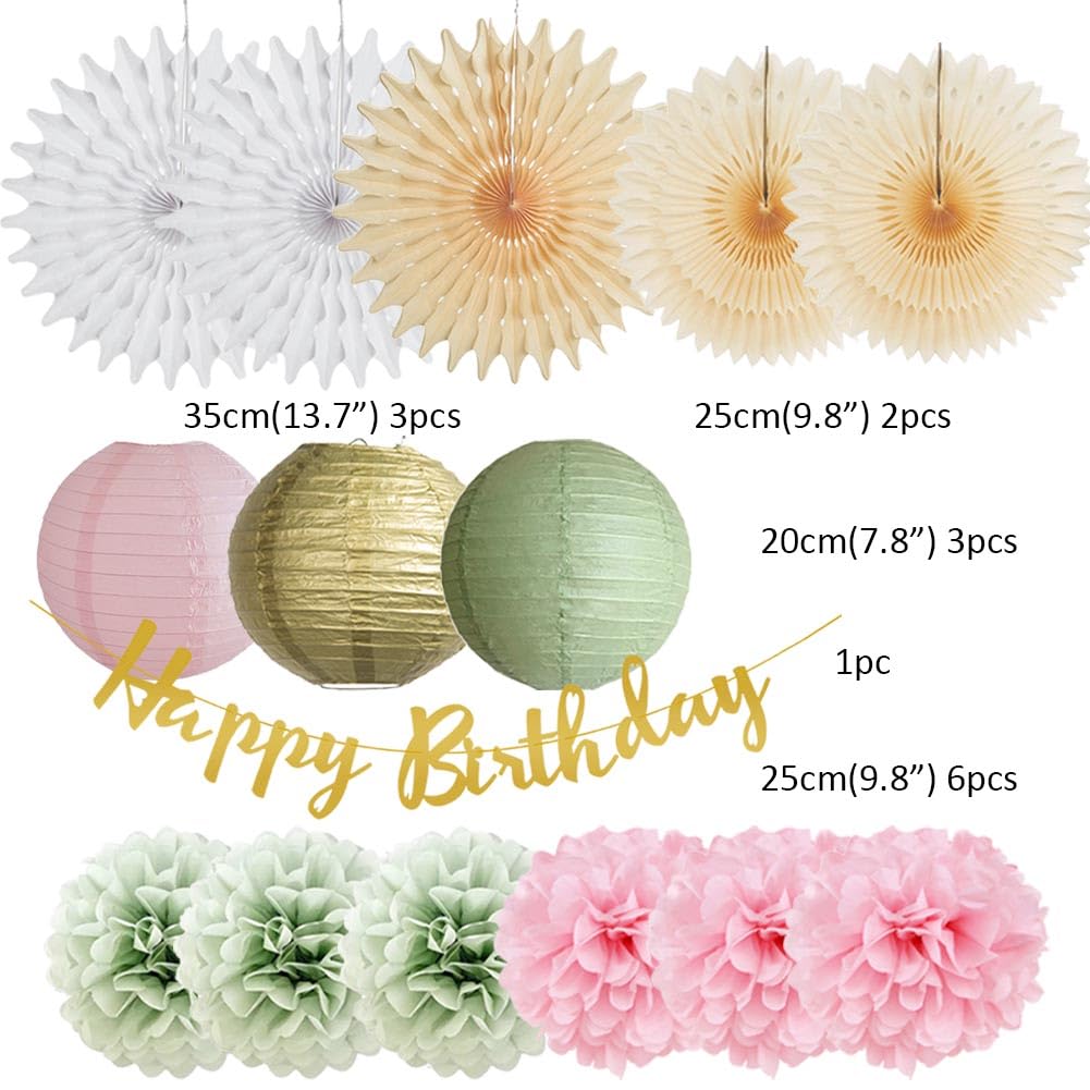 Sage Green and Pink Birthday Decorations White Paper Fans Lanterns Pink Cream Tissue Paper Pom Poms Sage Green Birthday Party Decorations with Happy Birthday Banner Gold Star Garland for Girls Women