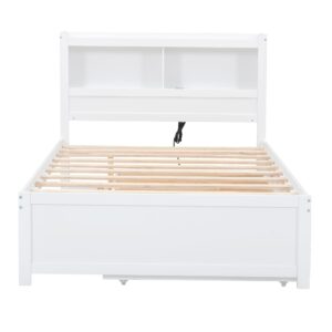 Harper & Bright Designs Full Size Platform Bed with Trundle, Drawers and Bookcase Headboard with USB Plugs, Hardwood Full Size Bed Frame, No Box Spring Needed - White