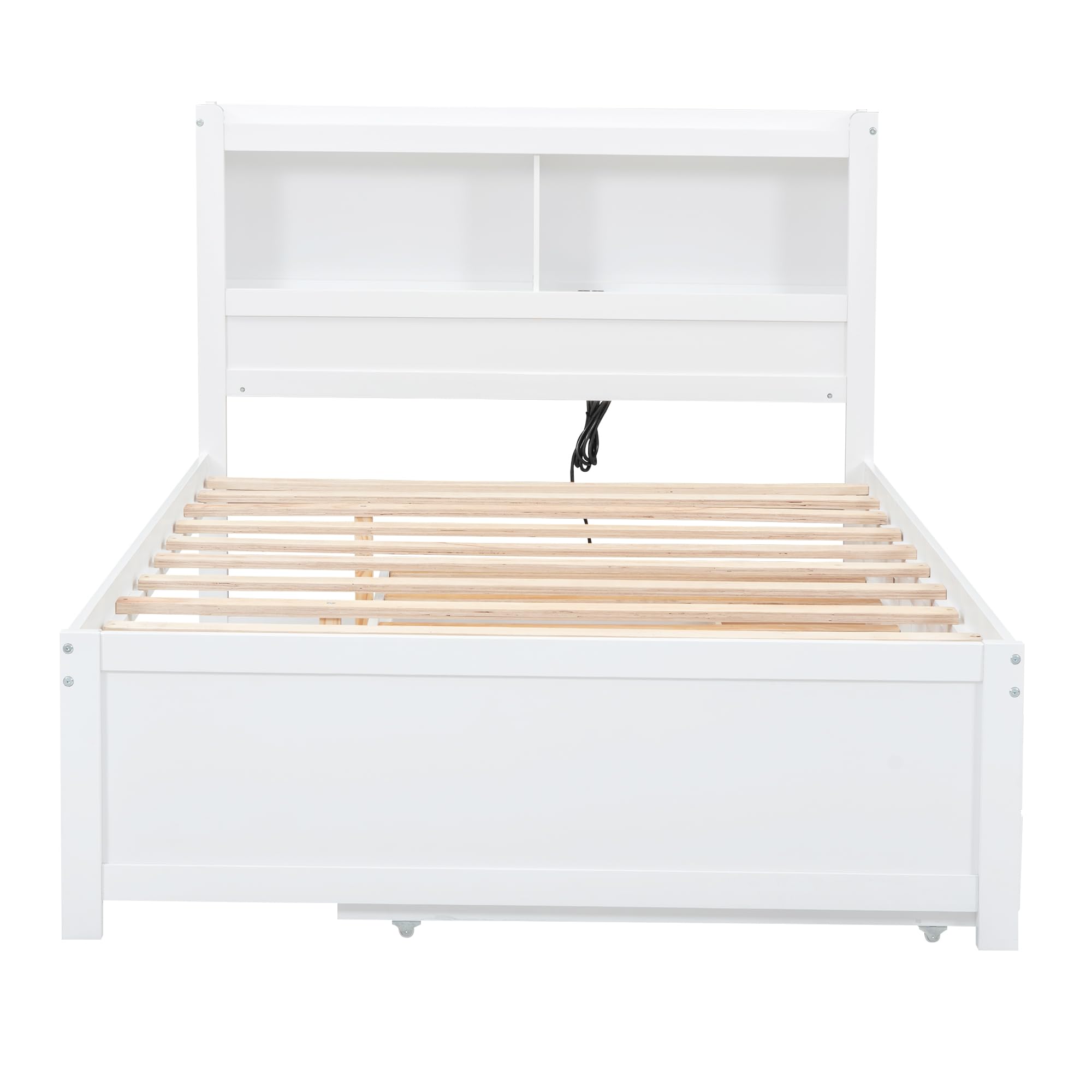 Harper & Bright Designs Full Size Platform Bed with Trundle, Drawers and Bookcase Headboard with USB Plugs, Hardwood Full Size Bed Frame, No Box Spring Needed - White