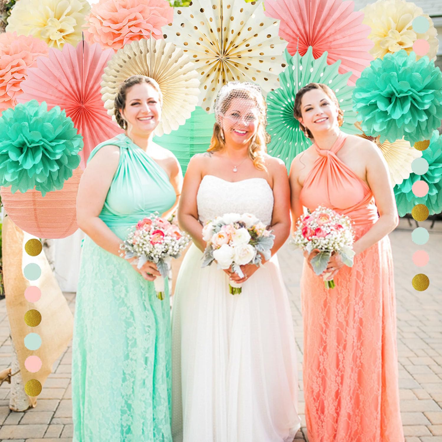 Mint Green Cream Pink Party Decoration Mint Peach Birthday Tissue Paper Pom Poms Paper Fans Circle Dot Garlands for Grils Mint Birthday Party Baby Shower Bridal Shower Wedding Party Decorations