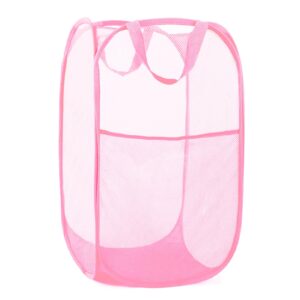 durable collapsible laundry baskets - reinforced mesh pop up laundry hamper with side pocket, foldable clothes storage hamper with carry handles for laundry, bathroom, kids room, dorm or travel pink