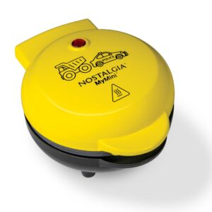 nostalgia mymini cars and trucks shape electric waffle maker, 5-inch non-stick griddle for waffles, hash browns, eggs, and more, yellow