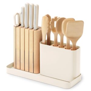 Caraway 14-Piece Kitchen Prep Set - Kitchen Knife Set & Wooden Utensil Set - Made With Premium German Steel Blades & FSC-Certified Birch Wood - Non-Toxic Materials - Includes Organizer - Cream