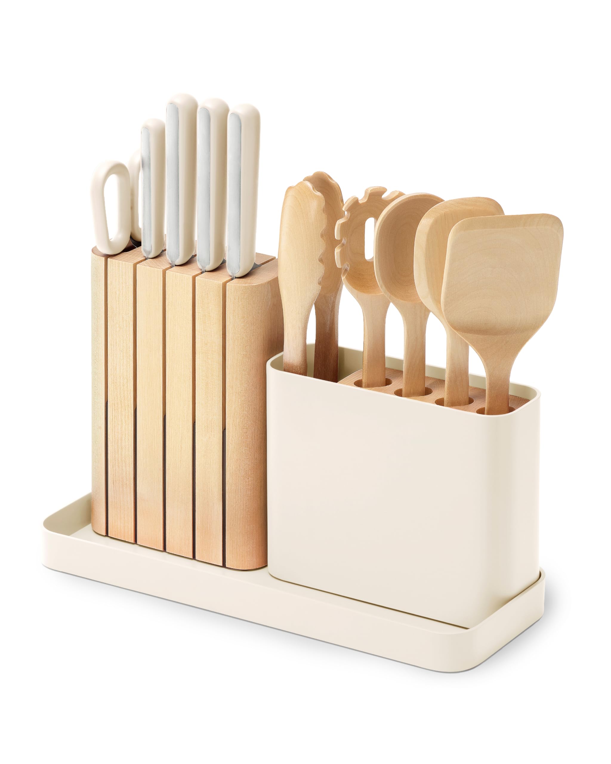 Caraway 14-Piece Kitchen Prep Set - Kitchen Knife Set & Wooden Utensil Set - Made With Premium German Steel Blades & FSC-Certified Birch Wood - Non-Toxic Materials - Includes Organizer - Cream