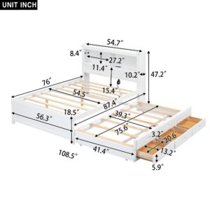 Harper & Bright Designs Full Size Platform Bed with Trundle, Drawers and Bookcase Headboard with USB Plugs, Hardwood Full Size Bed Frame, No Box Spring Needed - White