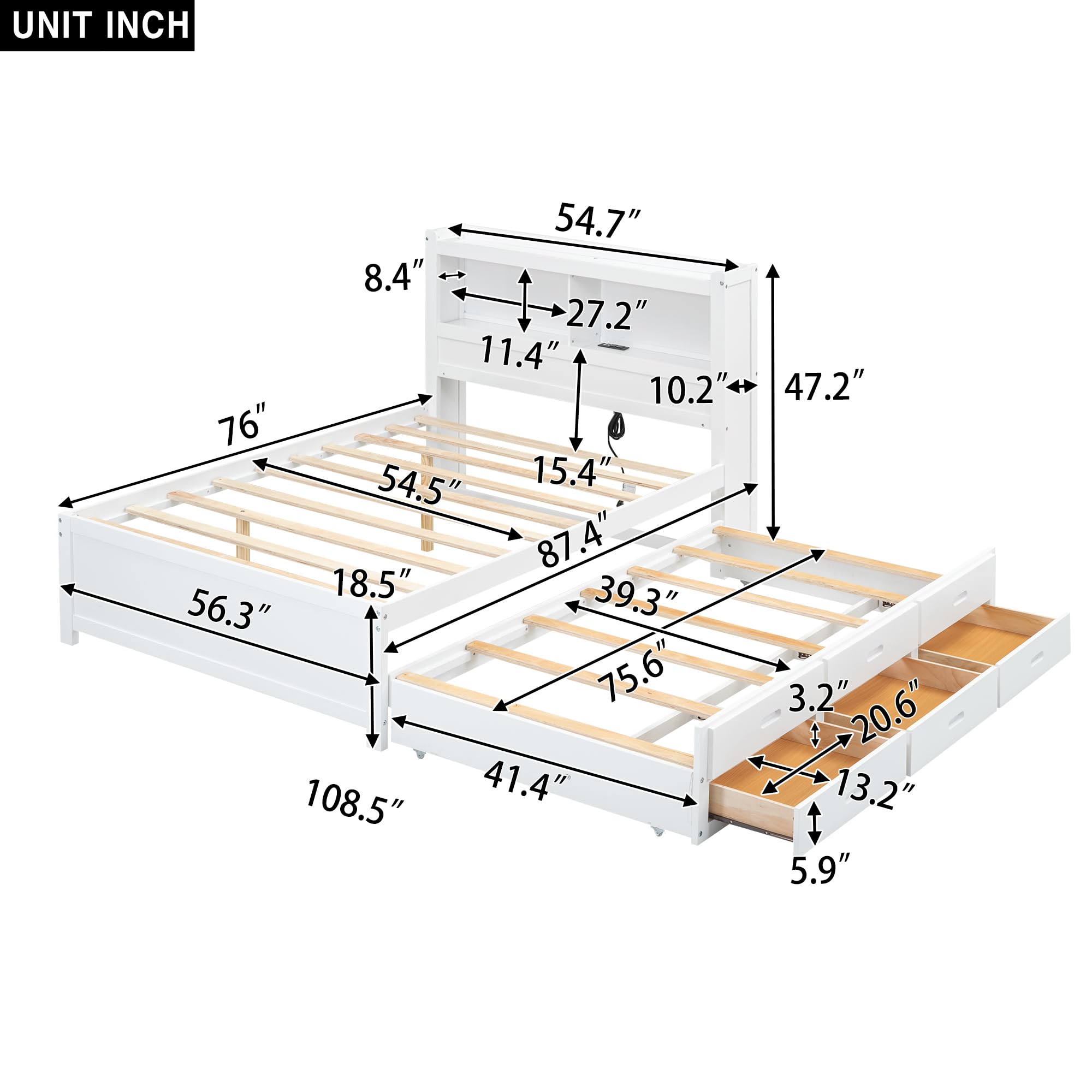 Harper & Bright Designs Full Size Platform Bed with Trundle, Drawers and Bookcase Headboard with USB Plugs, Hardwood Full Size Bed Frame, No Box Spring Needed - White